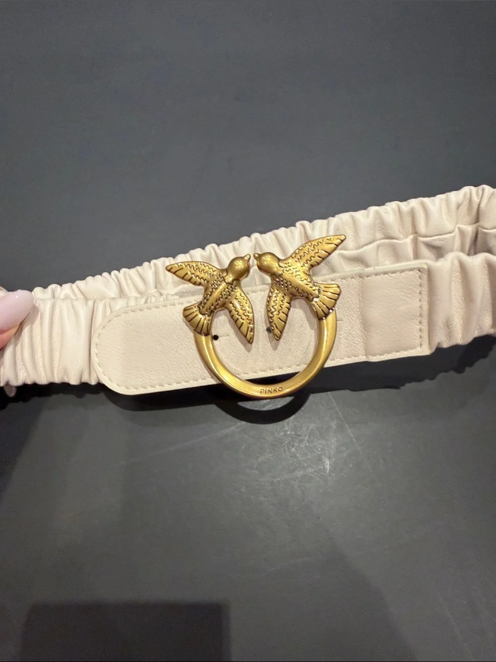 Pinko | Accessories | Pinko Cream Elastic Belt With Gold Bird Buckle ...